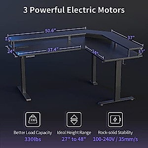 FEZIBO 63" Triple Motor L Shaped Standing Desk with LED Strip & Power Outlets, Height Adjustable Stand up Corner Gaming Desk with Ergonomic Monitor Stand, Black Carbon Fiber Top/Black Frame