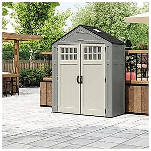 Suncast BMS6312D Everett 6' x 3' Heavy-Duty Resin Outdoor Pad-Lockable Double Doors and Windows All-Weather Shed for Yard Storage, Dove Gray