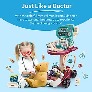Deejoy Toy Doctor Kit for Kids，Doctor Role Play Costume，Medical Bag，Eye Chart，Thermometer，Stethoscope，Pulse Machine，24 Piece Pretend Medical Station Set for Boys & Girls ，Great Gift for Toddler