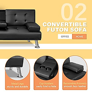 VICTONE Futon Sofa Bed Modern Faux Leather Couch Bed Convertible Folding Recliner for Living Room with 2 Cup Holders and Armrest (Black)
