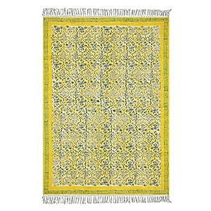 Casavani Indian Handmade Cotton Dhurrie Bordered Yellow & Green Area Rug Boho Kilim Flat Weave Rug Indoor Hall Room Decor Carpet Throw Rugs for Bedroom Living Room Bathroom Balcony 4x7 Feet