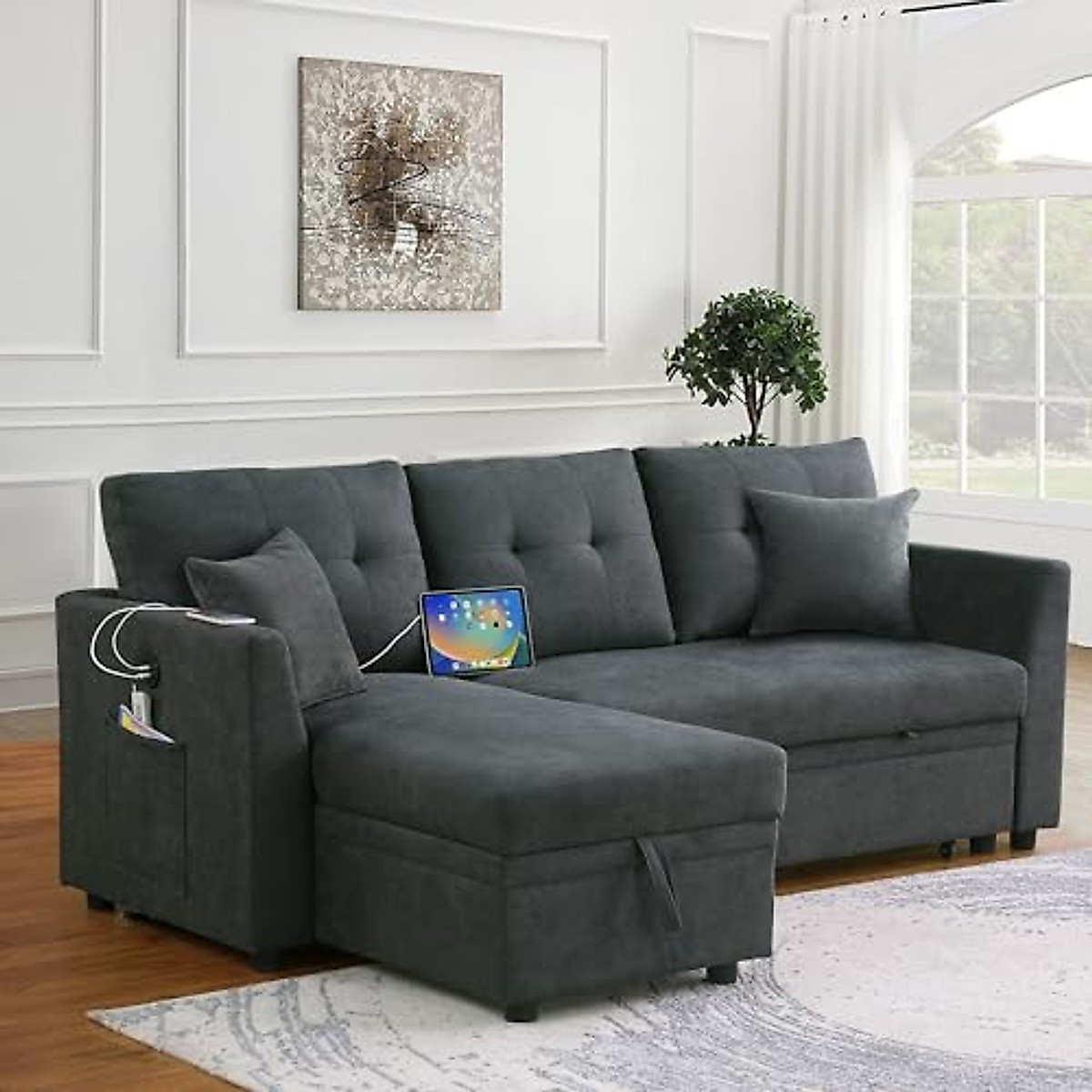 uhome Upholstered Sleeper Sofa with USB Ports sectional Couch Reversible Sofabed, Full XL, Gray