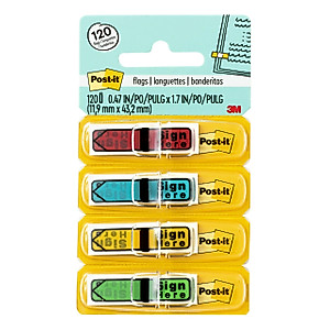 Post-it Message "Sign Here" Flags, 30/Dispenser, 4 Dispensers/Pack, .47 in Wide, Assorted Colors (684-SH)