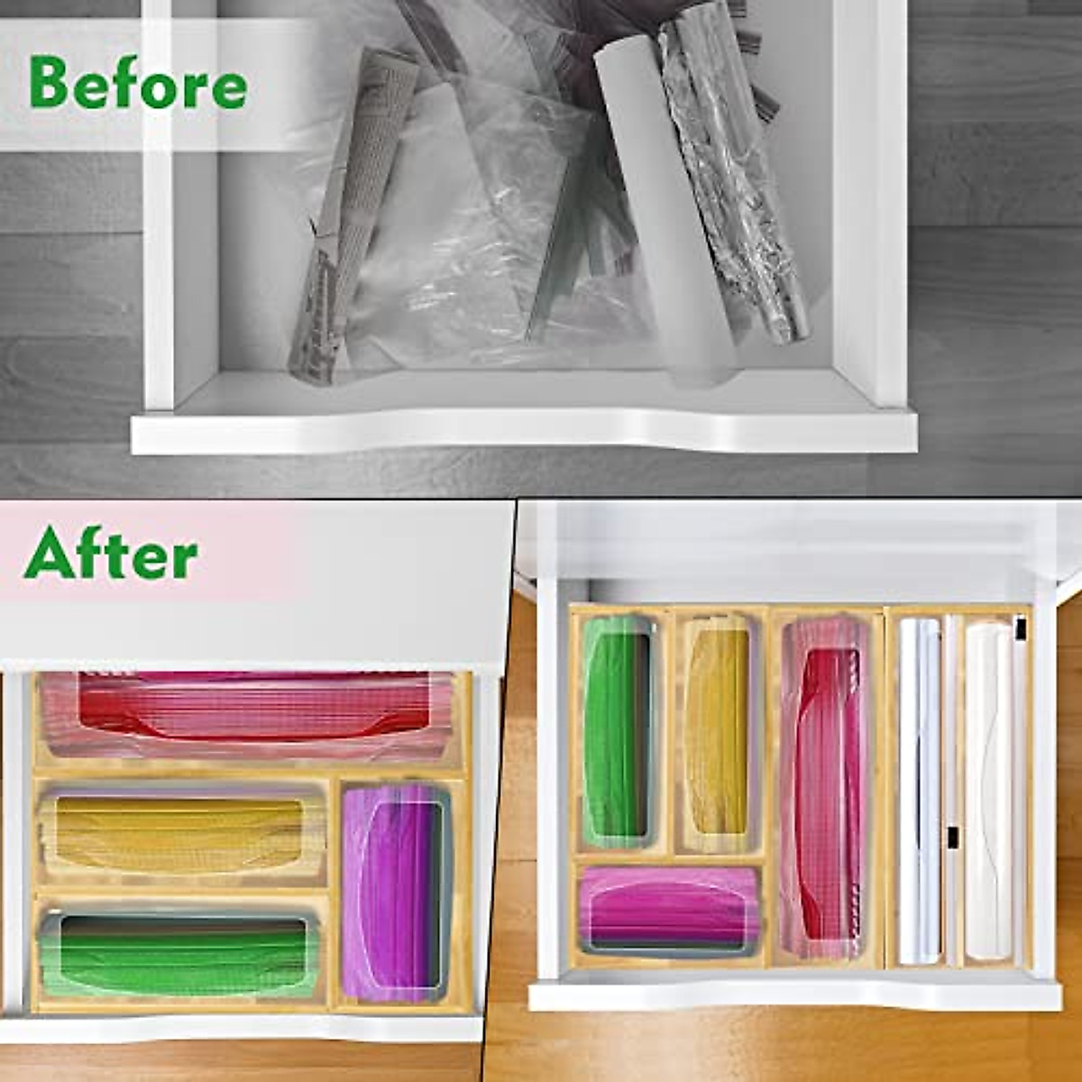 6 in 1 Ziplock Bag Organizer, Separate Bamboo Plastic Bag Organizer, Foil Dispenser with Cutter, with Acrylic Lid, Label, for Sandwich Snack Gallon Quart Bag, for Housewarming Mother's Day Gifts
