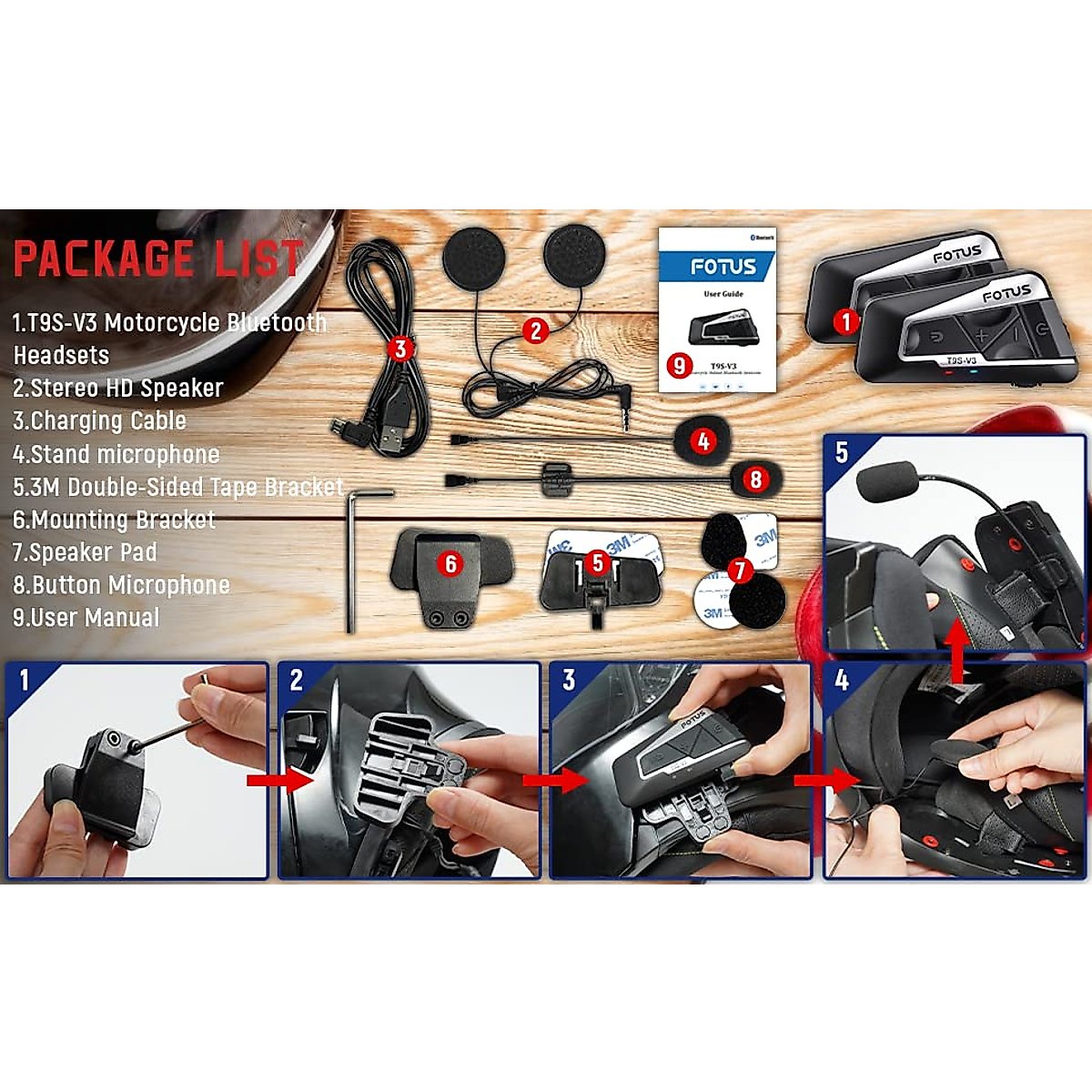 MECHAZER Motorcycle Bluetooth 5.0 Headset with Music Playing, Helmet Bluetooth Intercom with Noise Cancellation/FM Radio, 3-Ways Communication Within 1400m for Snowmobile 2Sets