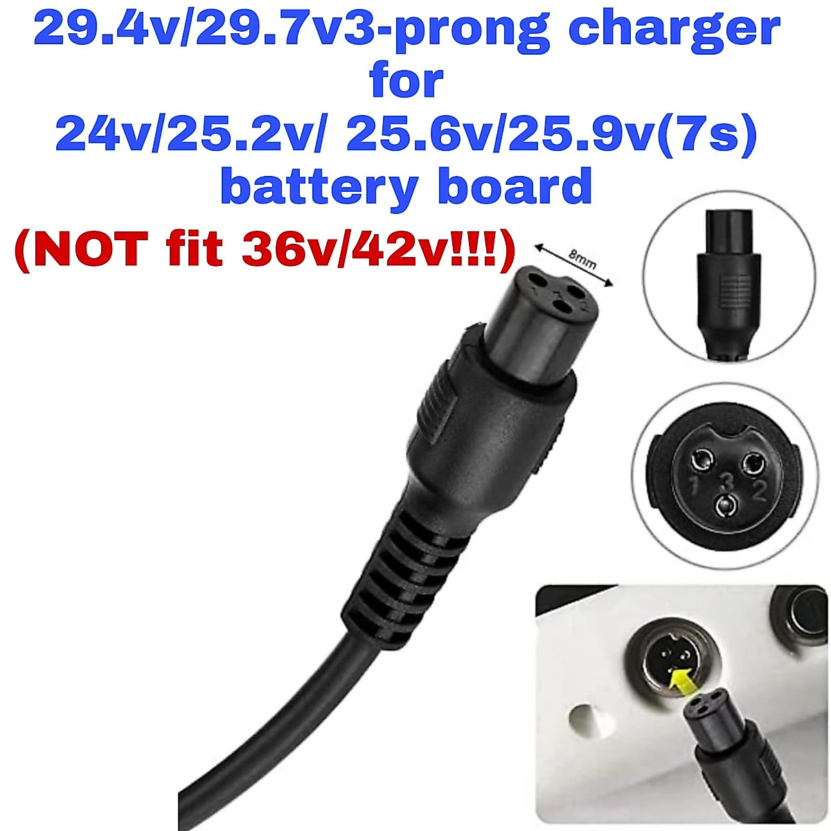 29.4V 1.5A/ 1A/ 0.6A 3-Prong Charger for Hover-1 Swagtron Jetson 24V/ 25.2V/ 25.9V Models (Note: 7S Battery ONLY!) Lithium Battery (NOT for 36V/42V!!) Power Charger