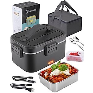 Nifogo Electric Lunch Box Food Heater 75W Portable Heated Lunch Box for Adults 3 in 1 Portable Food Warmer 110V/12V/24V, with 1,8L Removable Stainless Steel Container & Bag(Black)