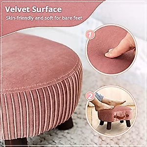Small Curved Foot Stool with Handle, Pink Velvet Footstool and Ottomans, Modern Foot Rest with Wooden Legs, Step Stool with Padded Seat for Couch, Living Room