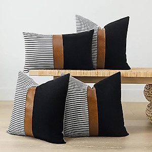 cygnus 20x20 Pillow Covers Set of 2 Farmhouse Decor Stripe Patchwork Linen Throw Pillow Covers Modern Faux Leather Covers for Couch Sofa,Black