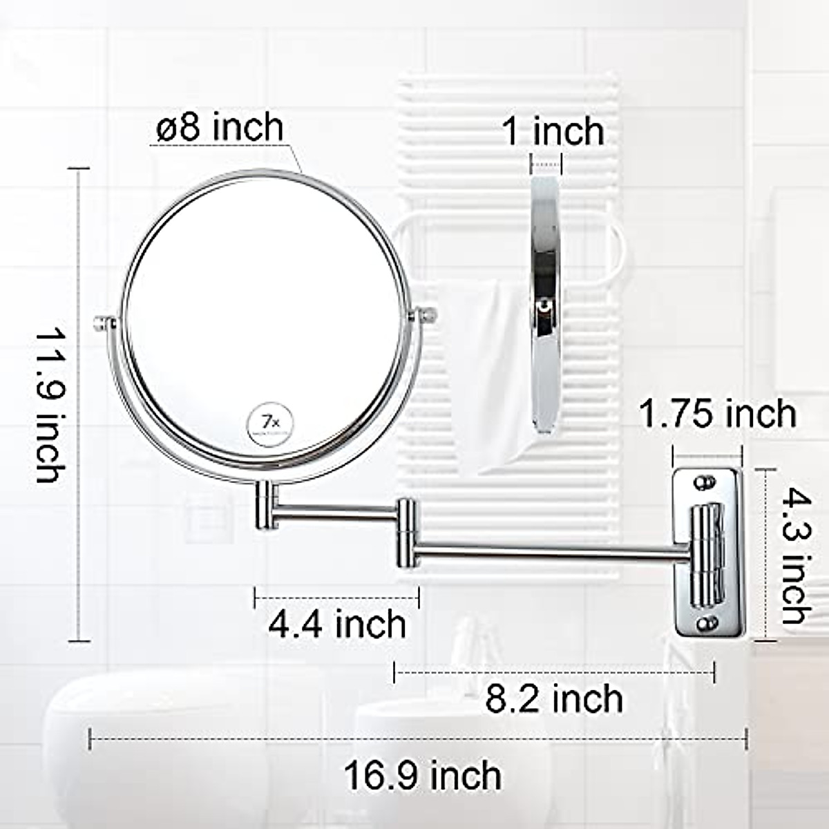 Lansi Wall Mounted Makeup Mirror, 7x/1x Double-Sided Magnifying Mirror, 360° Extendable Arm Wall Mirror, 8 inch Bathroom Mirror for Makeup or Shaving Chrome Finish