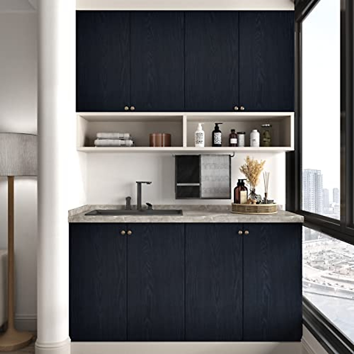 Wallercity Navy Blue Wood Grain Contact Paper for Countertops Peel and Stick Wood Look Wallpaper Thick Self Adhesive Contact Paper for Counter Top Vinyl Waterproof Wall Papper for Cabinets 24''x118''