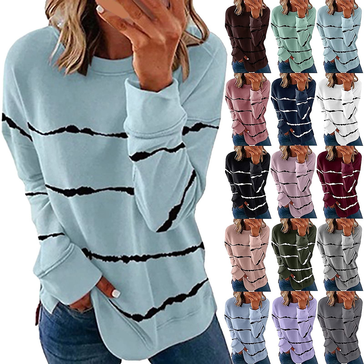 RINDE Womens Tops Fall,Long Sleeve Shirts for Women Plus Size,Women's Crewneck Sweatshirts Striped Casual Loose Long Sleeve Pullover Tops Shirts