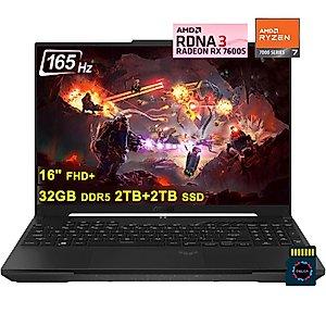 ASUS TUF Gaming A16 Laptop | 16" FHD+ 165Hz 7ms | AMD 8-core Ryzen 7 7735HS| 32GB DDR5 2TB+2TB SSD | Radeon RX7600S 8GB Graphic (>RTX 4060) | Backlit USB-C USB4 Fast Charging Win11 +HDMI Cable