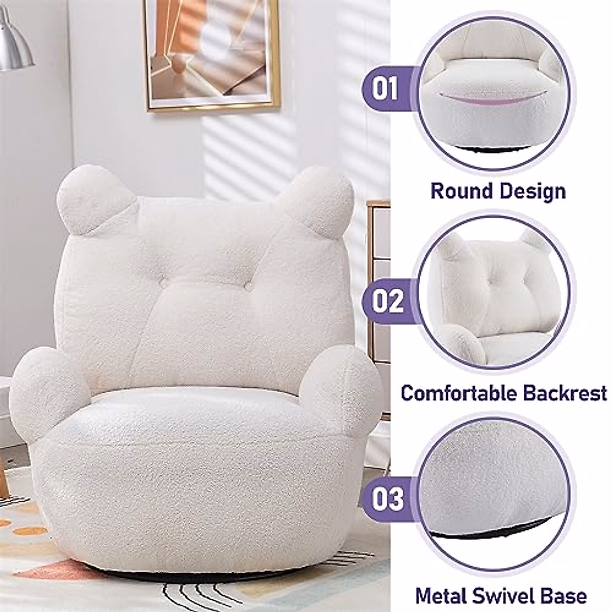 PIRIK 360° Swivel Accent Chair Teddy Short Plush Recliner Chair Particle Velvet Vanity Chair Armchair Swivel Barrel Chair Comfy Cute Chair for Living Room, Hotel, Bedroom, Office, Lounge (White)