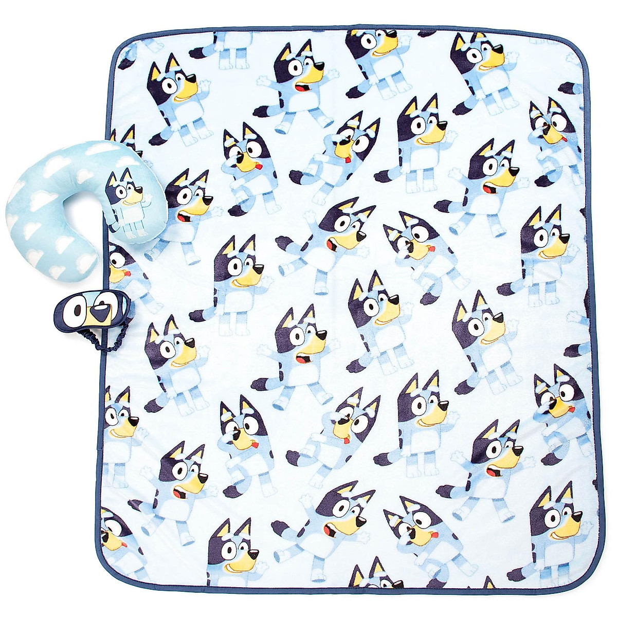 Jay Franco Bluey Kids Travel Set - 3 Piece Set Includes 40 x 50 Throw Blanket, Eye Mask, and Neck Pillow - Super Soft & Cozy Travel Accessories