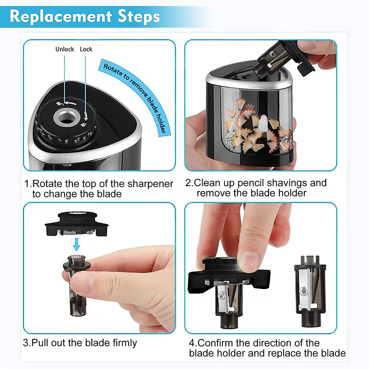 Aogwat Electric Pencil Sharpener Blade, Suitable for No.2/Colored Pencils(6-8mm)/School Pencil Sharpener/Classroom/Office/Home 4Pcs/Set（Black）