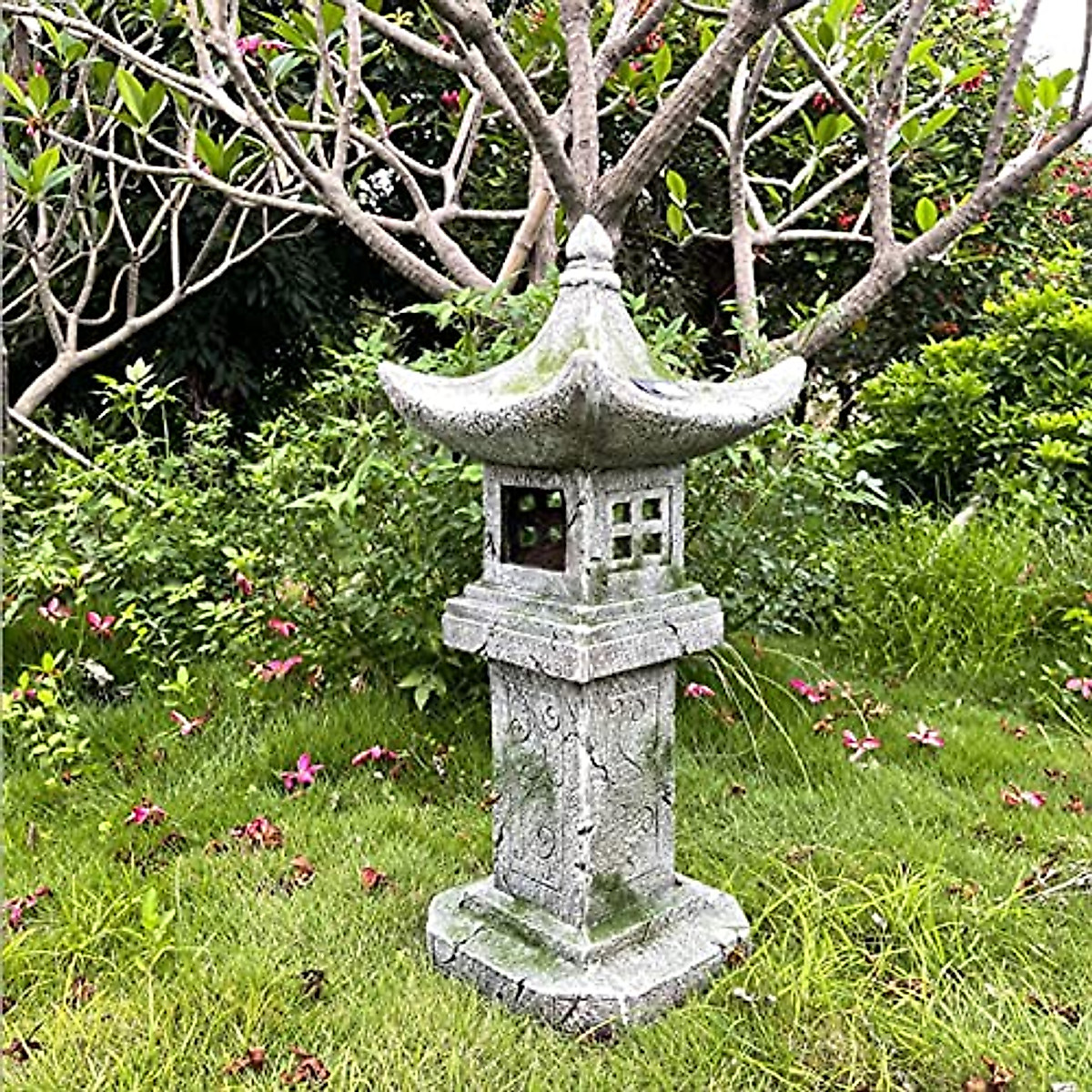 L-JTLYM Solar Lights Outdoor Garden Decor, LED Solar Powered Lighthouse, No Need to Connect, Pagoda Lantern Garden Statue, Hand-Carved, for Tabletop,Ground,Patio,Courtyard Decoration, Grey Finish