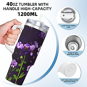 HULIBIN Blooming Purple Flowers Print Double Deck Stainless Steel Travel Coffee Cup With Lid 40 Oz Ice Bully Cup