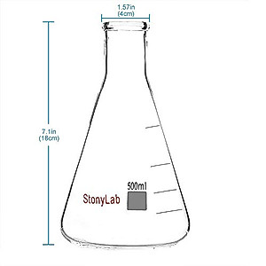 stonylab 2-Pack Glass 500ml Heavy Wall Narrow Mouth Erlenmeyer Flasks with Heavy Duty Rim (500ml Fits with stonylab 7# Rubber Stopper)