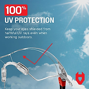 NoCry Clear Safety Glasses for Men and Women; Lightweight Work Glasses with Adjustable Frames and No-Slip Grips; Scratch Resistant Anti Fog Safety Glasses with Superior UV Protection, Black & Red