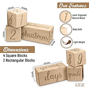 Baby Milestone Blocks - Monthly Baby Milestone Wood Blocks for Keepsake Photography - Set of 6 Baby Age Blocks for Pictures Ages Newborn to Weeks, Months, Years with Welcome Baby Age Sign & Bag