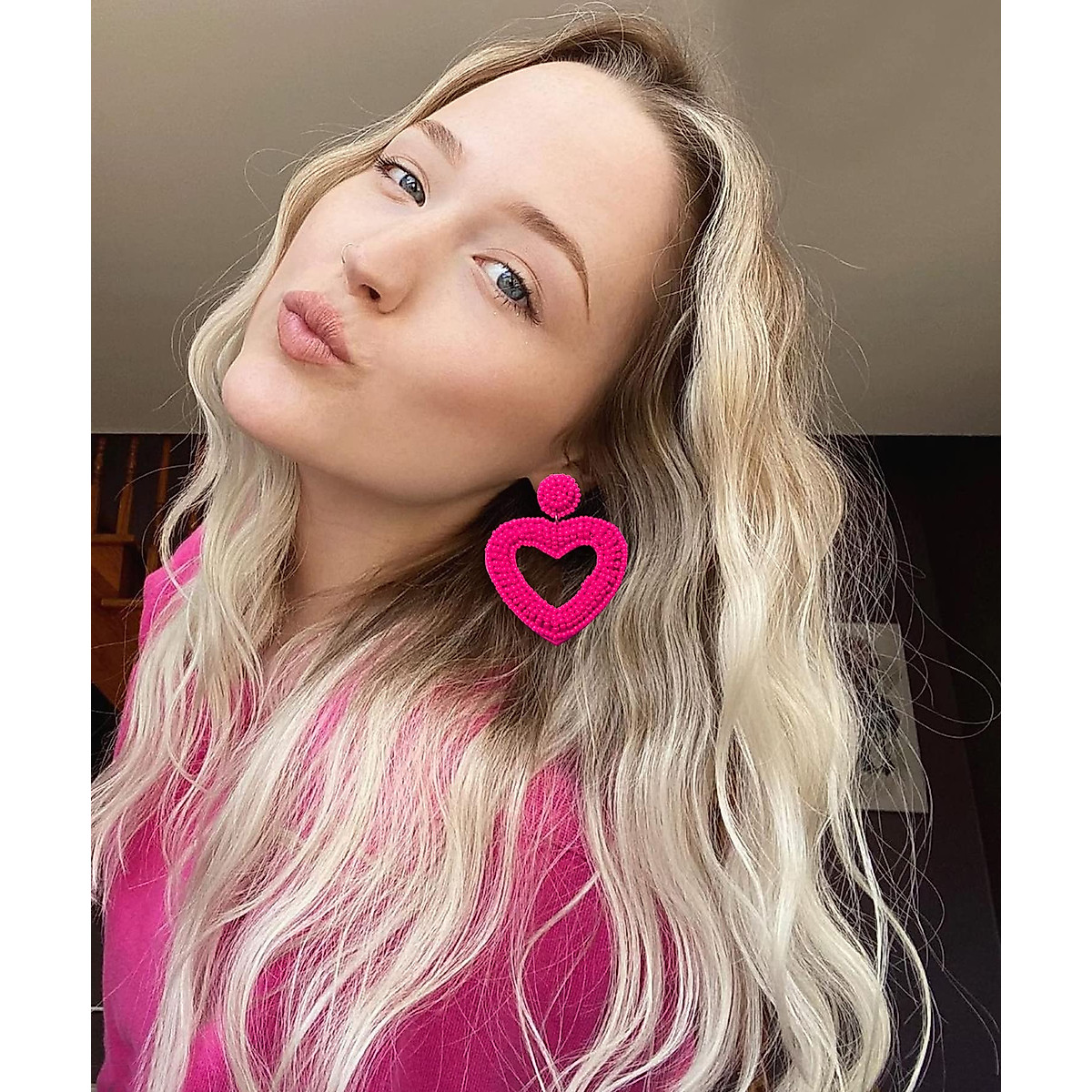 YAHPERN 2 Pairs Beaded Heart Earrings Valentine’s Day Earring for Women Handmade Love Heart Drop Dangle Earrings Birthday Party Valentine’s Day Gifts (Style A)