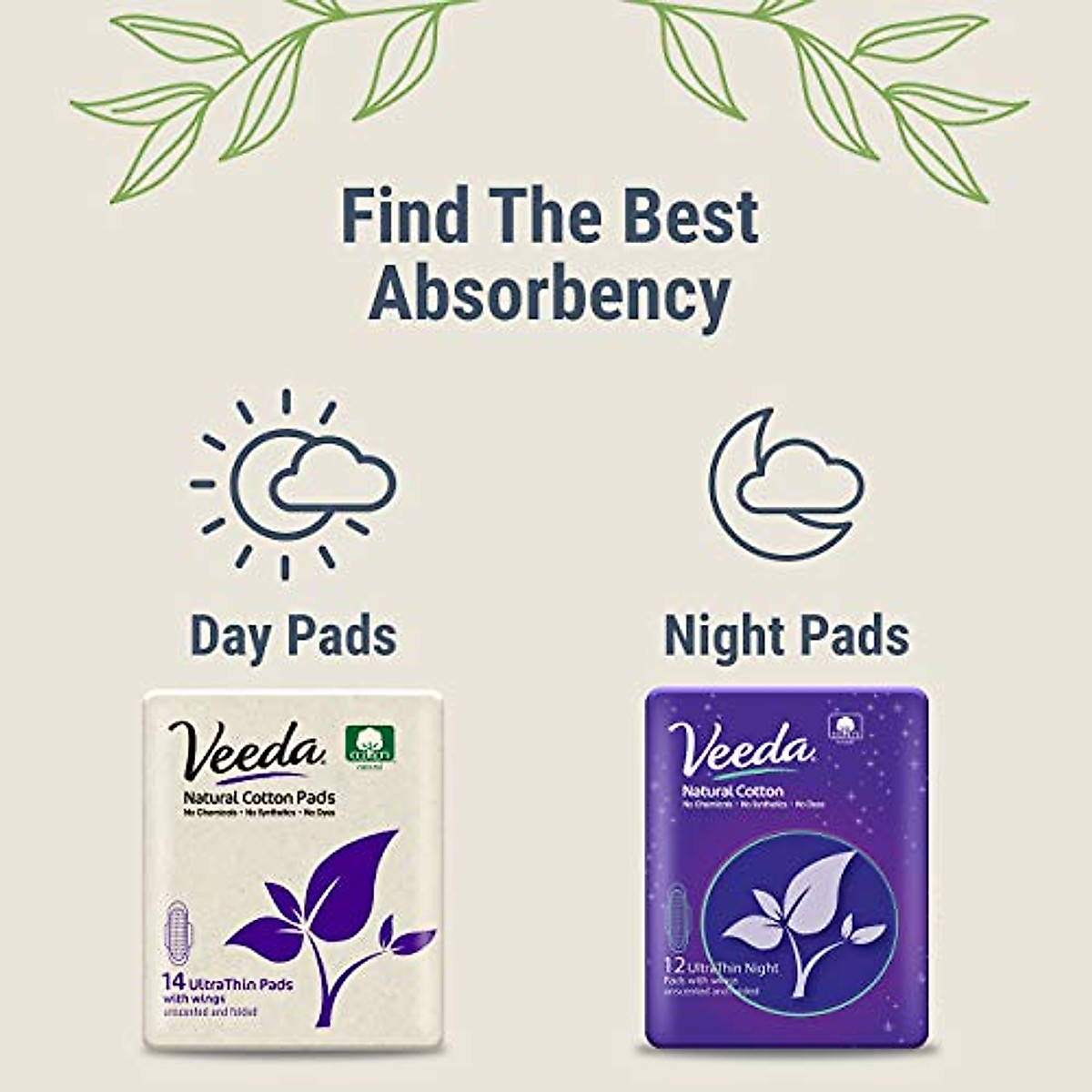 Veeda Ultra Thin Super Absorbent Night Pads Are Always Chlorine, Dye and Fragrance Free, Natural Cotton Sanitary Napkins,3 Packs of 12 Count Each