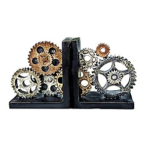 Bellaa 20881 Decorative Bookends Gear Book Shelves Stoppers Holder Nonskid Shelf Heavy Ends Supports Vintage Industrial Modern Art Home Decor Statues Sculptures 6 inch