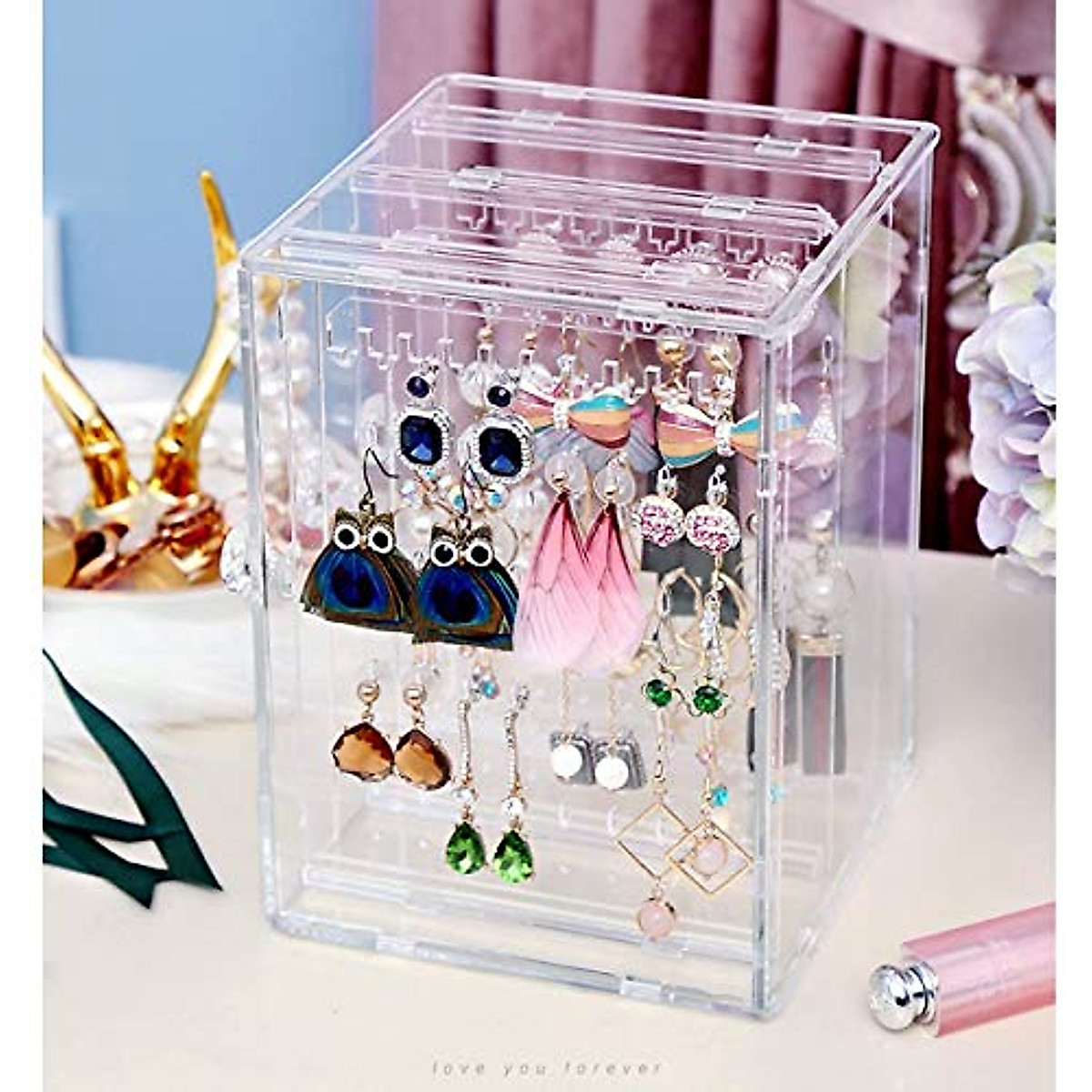 RANIT Acrylic Jewelry Storage Box Earring Display Stand Organizer Holder with 3 Vertical Drawer Transparent