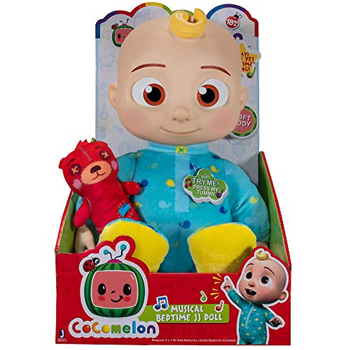 CoComelon Official Musical Bedtime JJ Doll, Soft Plush Body – Press Tummy and JJ sings clips from ‘Yes, Yes, Bedtime Song,’ – Includes Feature Plush and Small Pillow Plush Teddy Bear – Toys for Babies