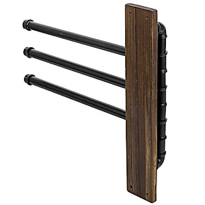 MyGift 17.3 Inch Wall Mounted Bathroom Swivel Towel Rack on Rustic Burnt Solid Wood Board, 3 Tier Industrial Black Metal Pipe Bars with 180 Degree Swing for Towels