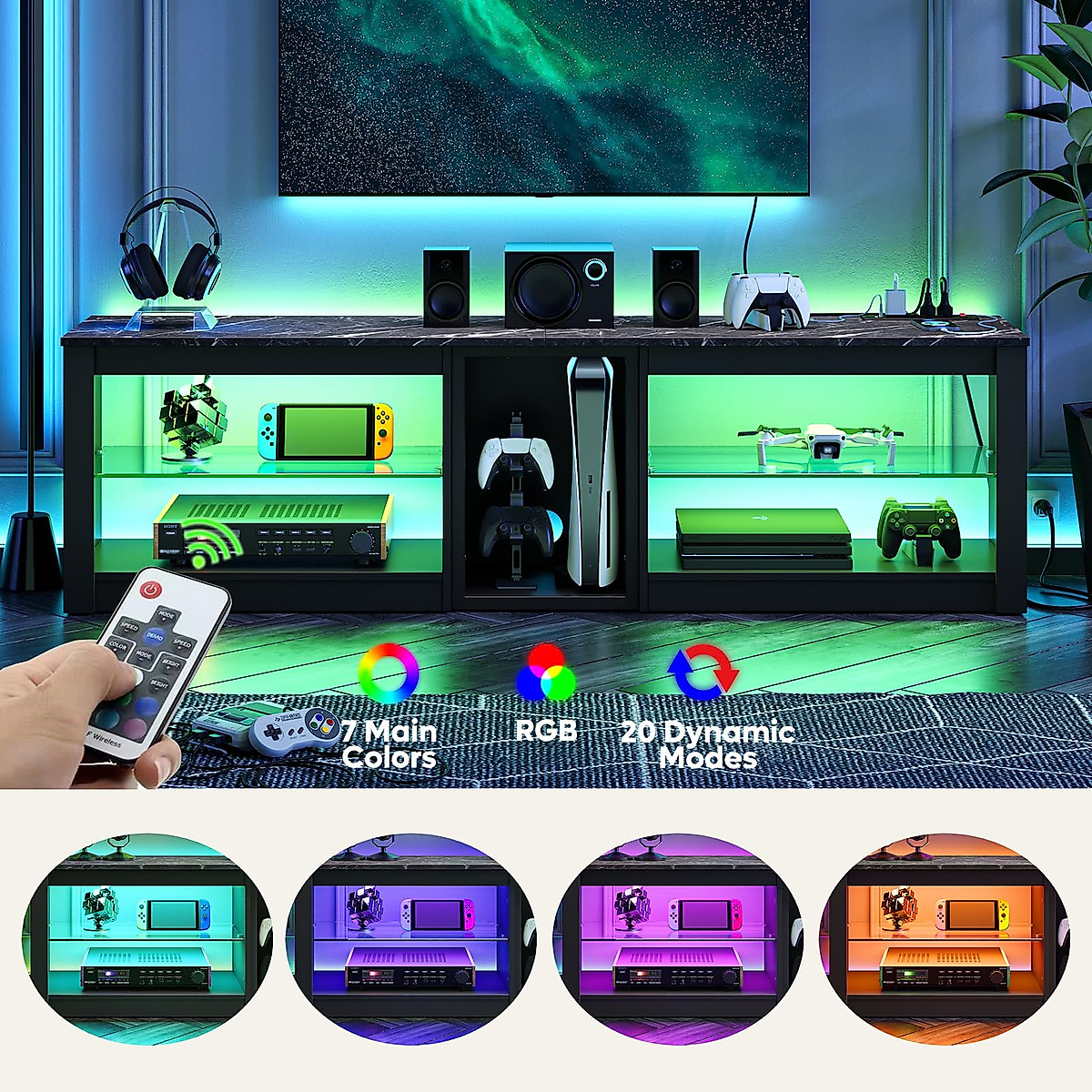 Bestier TV Stand for 70 inch TV with Power Outlets, LED Entertainment Center for PS5, Gaming TV Consoles with Glass Shelves for Living Room, 63'' Inch, Black Marble