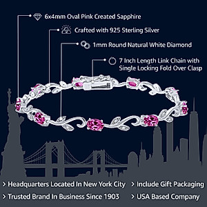 Gem Stone King 925 Sterling Silver Pink Created Sapphire and Diamond Greek Vine Tennis Bracelet For Women (4.63 Cttw, 7 Inch, Oval 6X4MM)