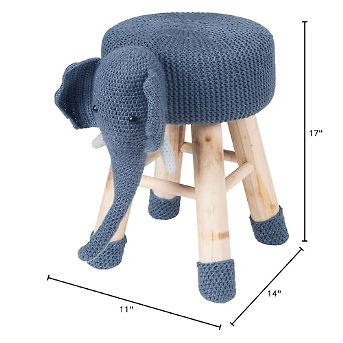 AC Pacific Woodland Elephant Stool for Kids, Animal Themed Wooden Ottoman Chair with Soft Plush Fabric, Sturdy Pine Wood Legs, Ideal for Playrooms, Nurseries or Living Rooms, Navy Blue