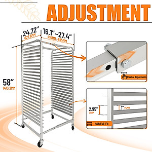 HECASA Adjustable Bun Pan Rack 25 Tier with Brake Wheels, Bakery Sheet Rack for Foodservice, Kitchen,Restaurant, Pizzeria, Hotel, Home, Aluminum, 24.72" L x 20.5" W x 58''H