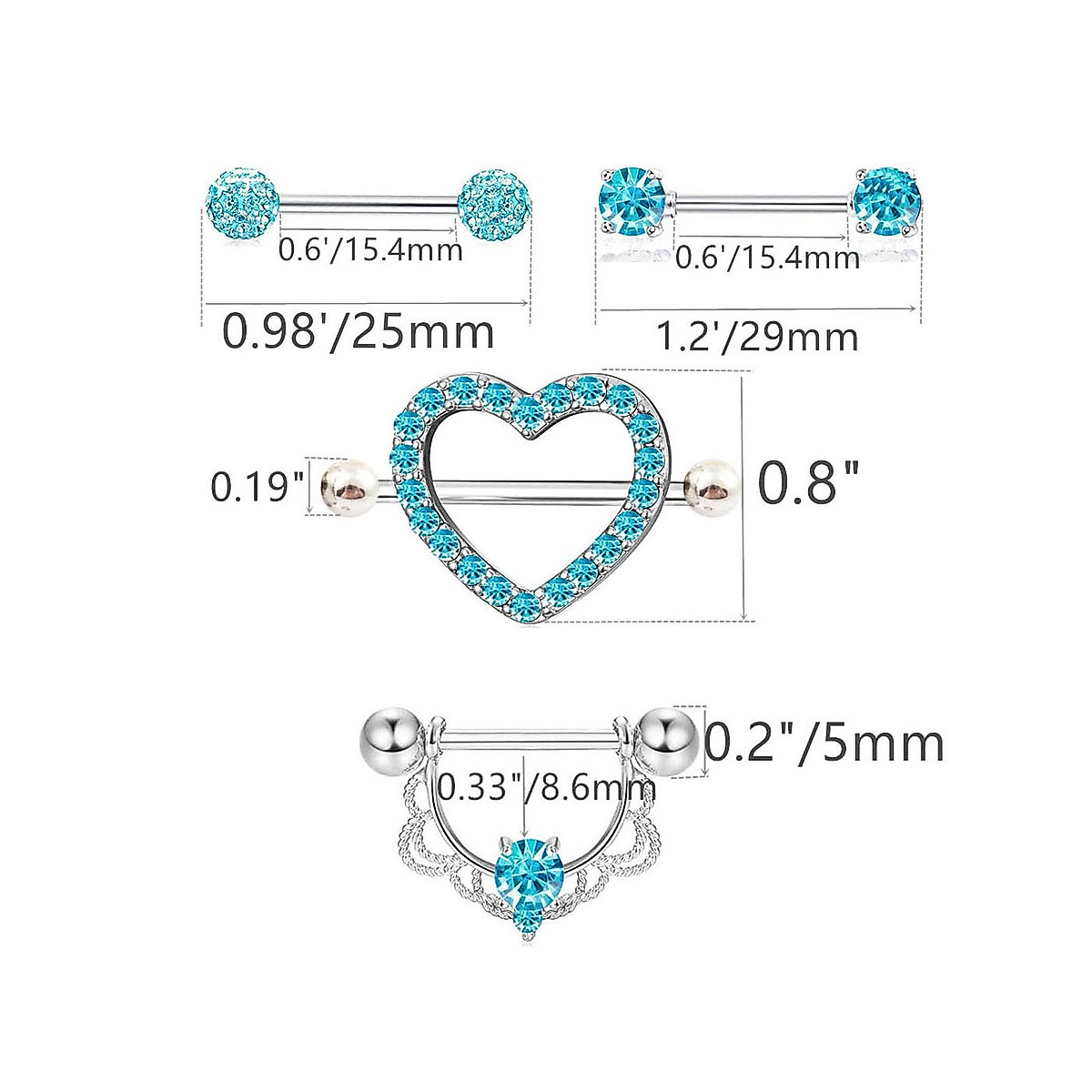 IrbingNii Nipple Rings Blue Heart Nipple Piercings Tongue Ring Body Piercing Jewelry for Women 14G Stainless Steel 4 Pairs/lot