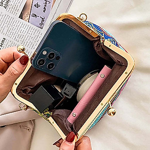 Ruzida Women Diagonal bag Straw Weave Handbag Purse Mini Kiss Lock Bag Ethnic Style Chain Crossbodies Bag Summer Outdoor Bags