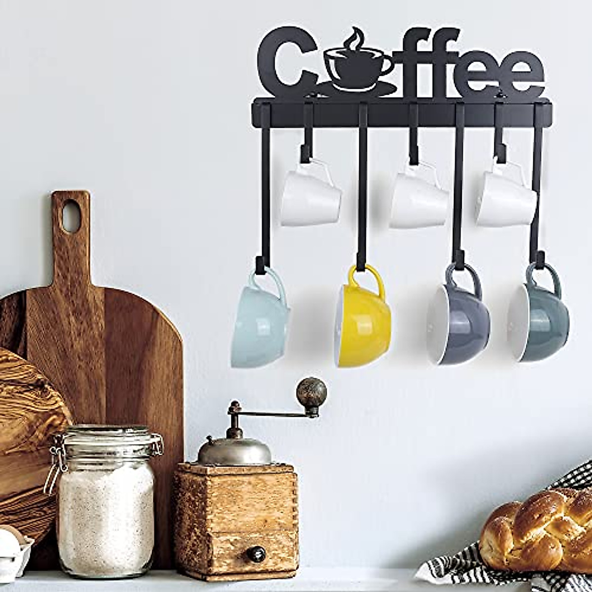 YANGSHUO Coffee Mug Holder - Wall Mount Coffee Cup Holder with Adjustable Mug Hooks (Black/Metal), Decorative Coffee Sign Mug Hanger Rack (17-Inch)