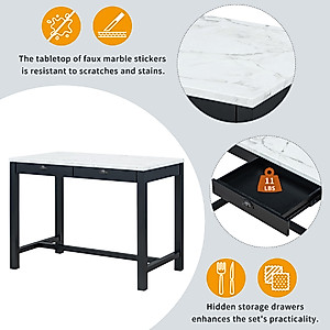 Bellemave 3-Piece Modern Console Table Set with Bar Table, 2 Stools, Storage Drawers, Faux Marble Top for Kitchen, Dining Room (Black)