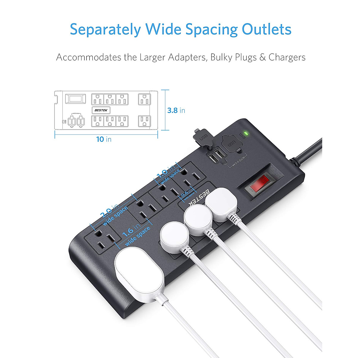 BESTEK 8-Outlet 6 Feet Extension Cord Power Strip with USB 15A 1875W Surge Protector with 5V 4.2A 4 USB Port Desktop Charging Station,600Joule,Grey