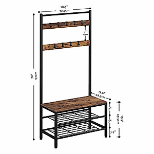 Coat Rack, Hall Tree with Shoe Bench for Entryway, 3-in-1 Industrial Entryway Bench with Coat Rack Freestanding Accent Furniture with Steel Frame, Vintage Brown