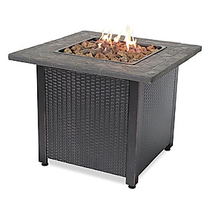 Endless Summer 30 Inch Square 30,000 BTU LP Gas Outdoor Fire Pit Table with Mosaic Resin Mantel, Steel Wicker Design Base, and Lava Rock, Black