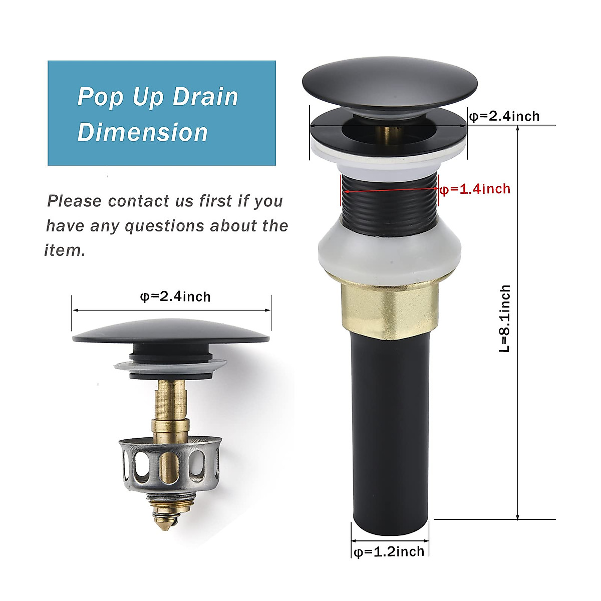 Rockgoya Bathroom Sink Drain,Drain Stopper Bathroom Sink Without Overflow,Pop Up Drain Assembly With Detachable Strainer Basket,Built-In Anti-Clogging Strainer,Stainless Steel Mattle Black