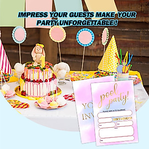 Watercolor Glitter Pool Party Birthday Party Invitation, Water Slide Pool Birthday Party Invite for Kids Girls Boys, Summer Birthday Party Celebration Supplies, 20 Invitations with Envelopes - JY773