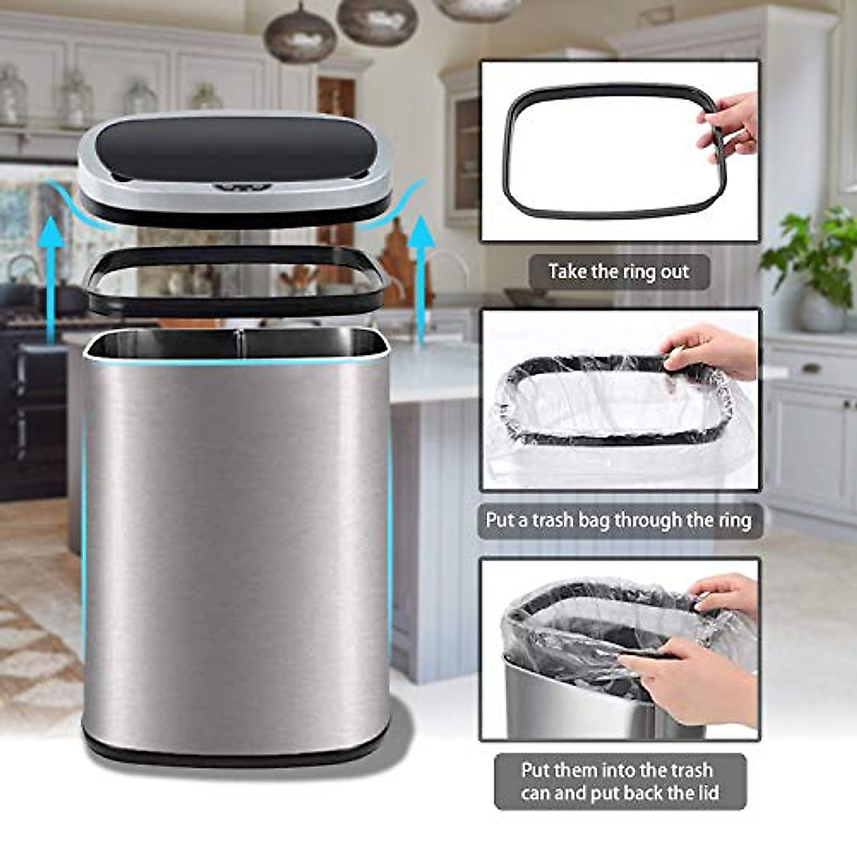 HCB Trash Can Automatic Waste Bin Mute Metal Garbage Can with Lid Stainless Steel 13 Gallon 50 Liter for Kitchen | Office | Bedroom | Bathroom | Living Room