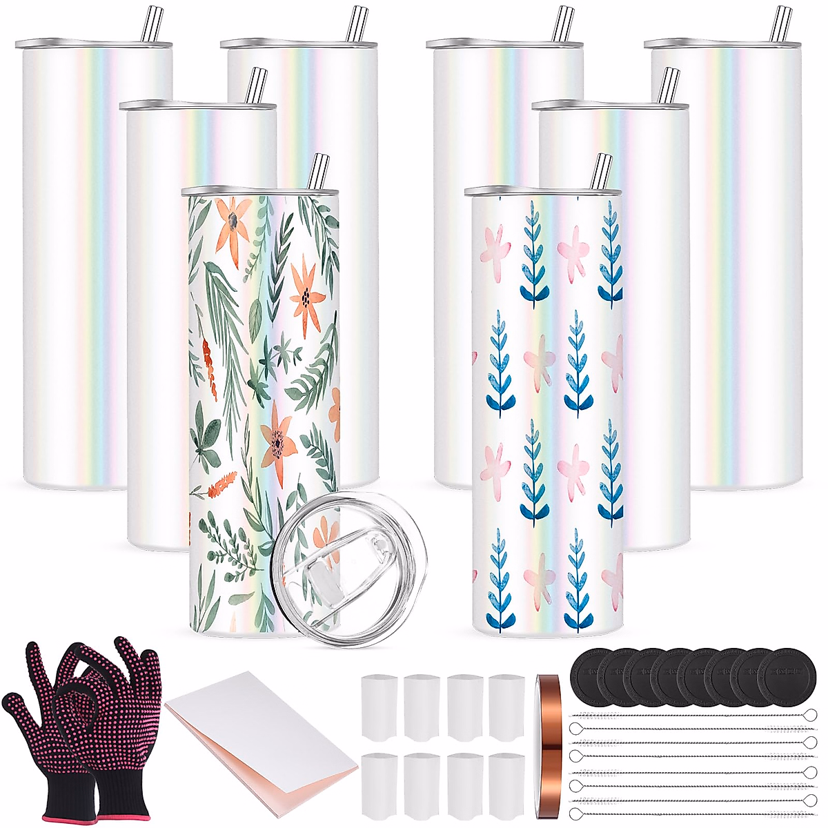 Zhehao 8 Pcs 20 oz Glitter Sublimation Tumblers Bulk Rainbow Paint Straight Skinny Steel Blank Tumbler Set with Lid Straw, Brush, Base, Shrink Wrap, Heat Resistant Gloves, Heat Transfer Tape, Paper