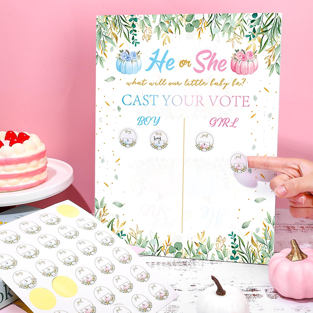 Whaline Fall Pumpkin Gender Reveal Board with Stand What Will Our Little Baby Be Eucalyptus Leaf Gender Reveal Game with Voting Stickers for Autumn Baby Shower Supplies