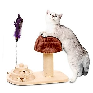 Paw Paw Babe 3 in 1 Cat Scratch Post - Wooden Base, Mushroom Sisal Post, Feather Stick - Cats Interactive Track Ball Toy - Cat Scratcher Toys for Indoor Fun