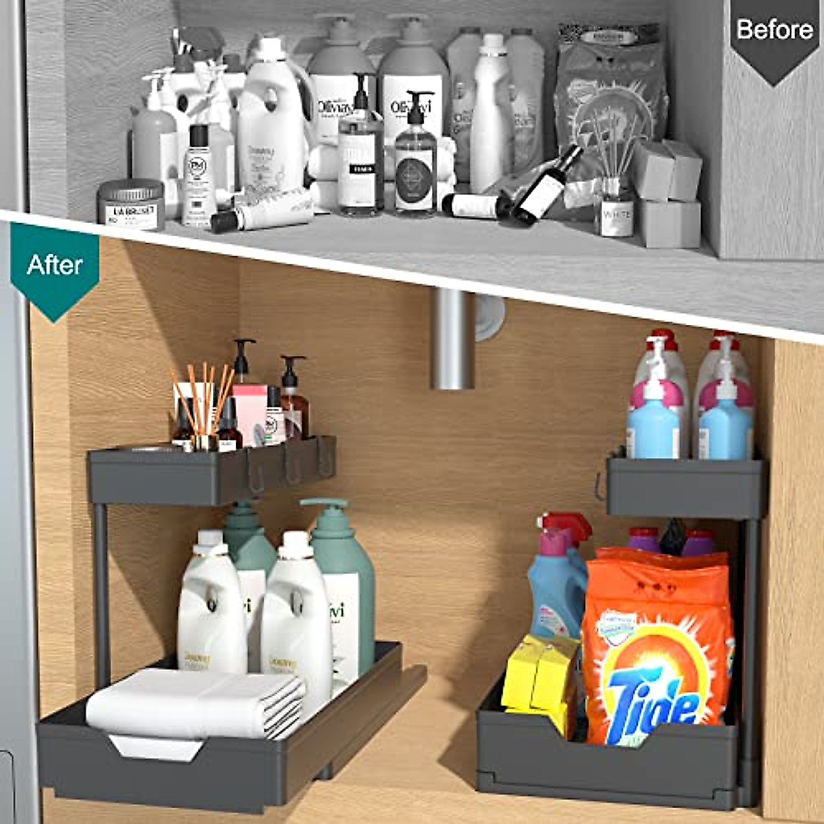 IRONBOX Under Sink Organizer, 2 Pack Pull Out Cabinet Organizer 2-Tier Slide Out Sliding Shelf Under Cabinet Storage for Bathroom Kitchen Sink Organizers and Storage(Black-2 Pack)