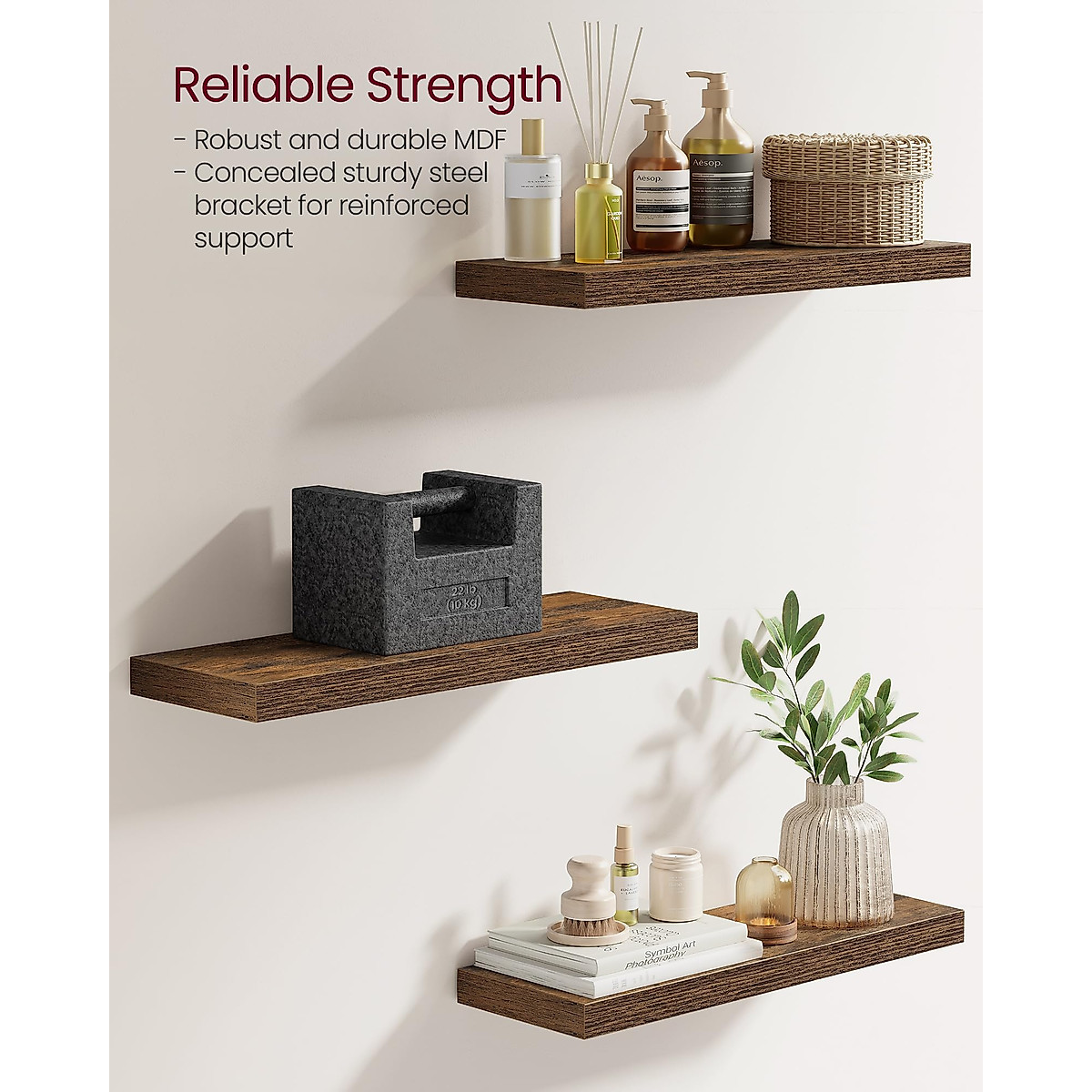 VASAGLE Wall Shelves Set of 5, Floating Shelves, Wall Mounted, 8 x 23.6 x 1.5 Inches, Display Shelves for Picture Frames, Wall Decor, Hanging Shelf for Living Room, Kitchen, Rustic Brown ULWS076B01